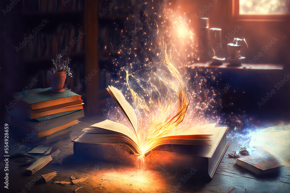 An ancient tome of magic opened and emitting miraculous sparks and ...
