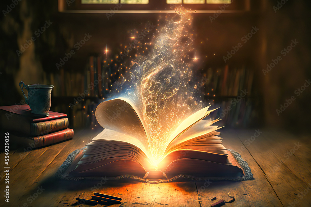 An ancient, magical grimoire filled with sparks and mystical smoke ...