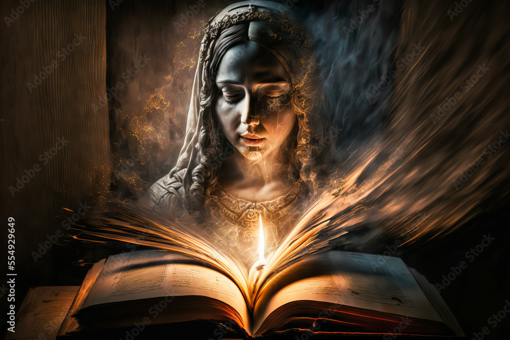A mystical figure of the Virgin Mary stands out above an open bible in ...