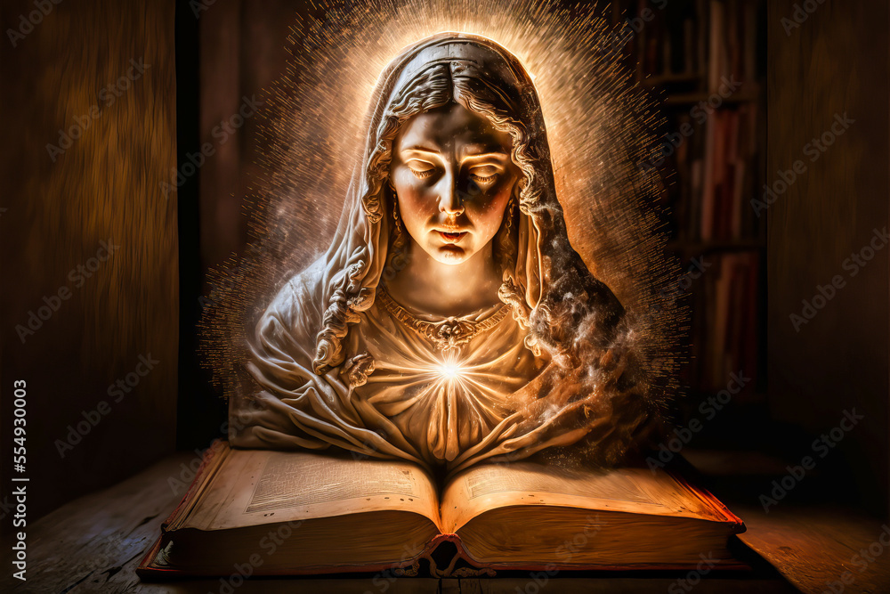 Mystical Virgin Mary Appearing Above An Open Bible In An Ancient