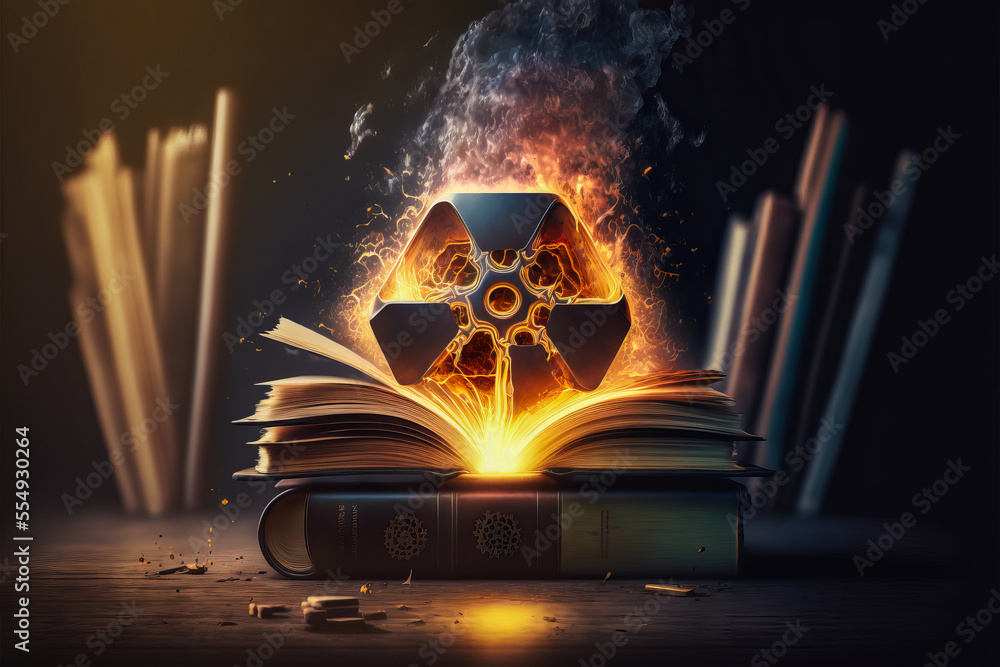An old science book is illuminated by a nuclear symbol in an ancient ...