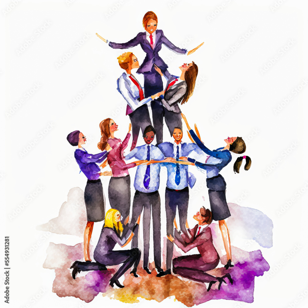 This image shows a human pyramid, at the top of which stands a business ...