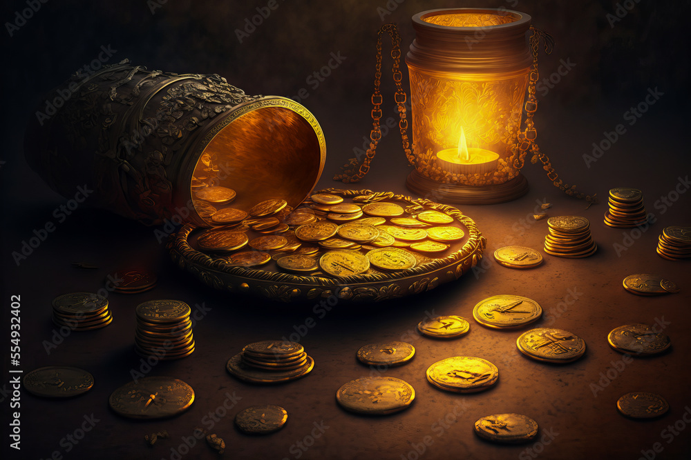 Vintage gold coins, mysteriously arranged on a dark table. Antique ...