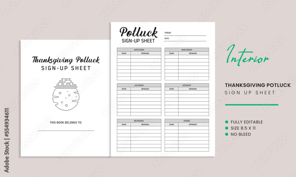 Thanksgiving Potluck Sign Up Sheet KDP Interior Template Stock Vector ...