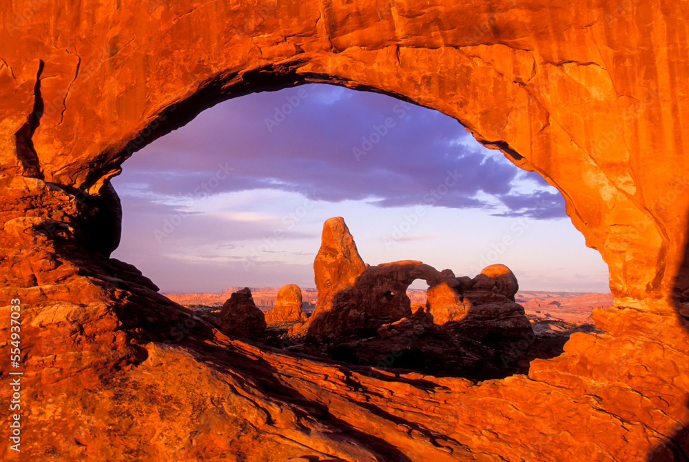 View through eye-shaped Window Arch to Turret Arch with the sunlight ...