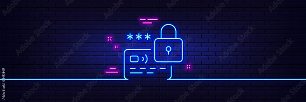 Neon light glow effect. Lock line icon. Protected credit card sign ...