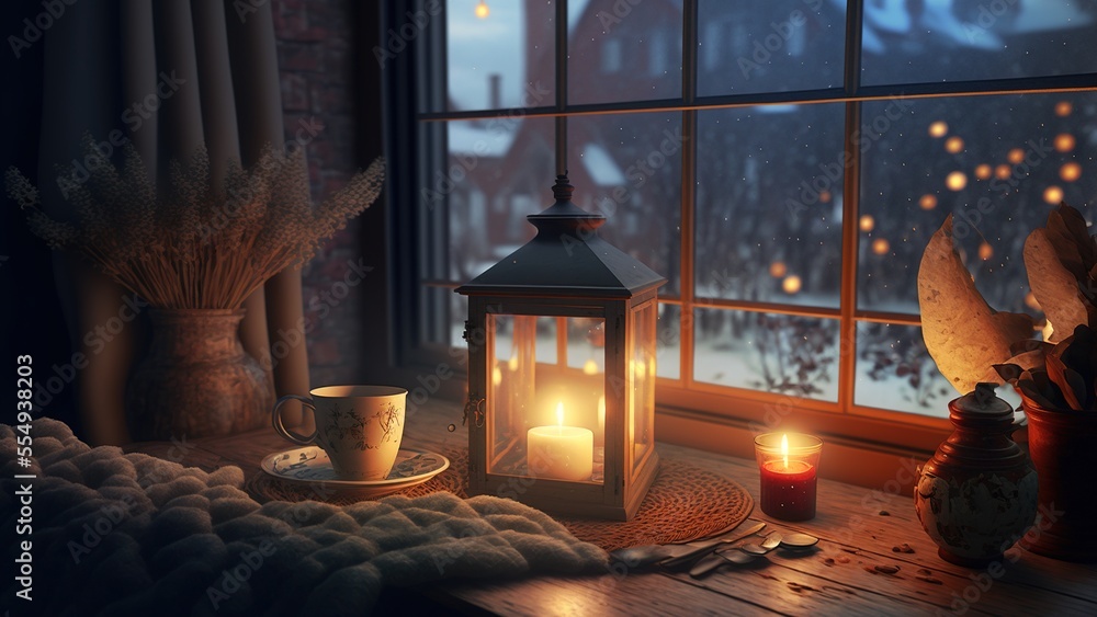 Warm and Cozy Winter Hygge Interior. Lantern, Candle Light, and a Mug ...