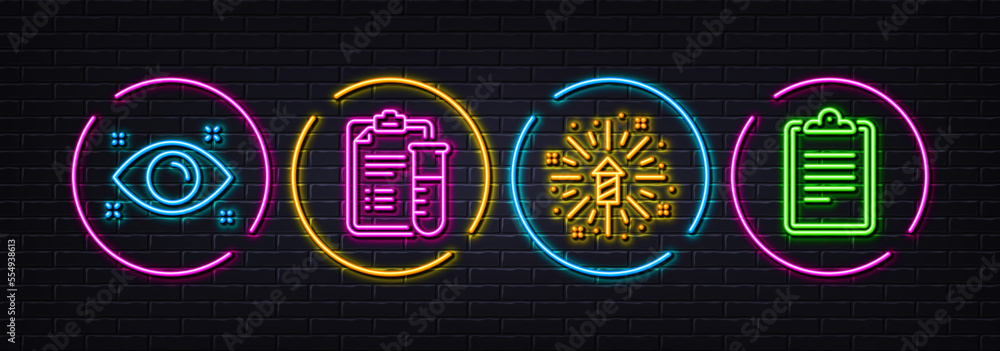 Health eye, Fireworks explosion and Medical analyzes minimal line icons ...