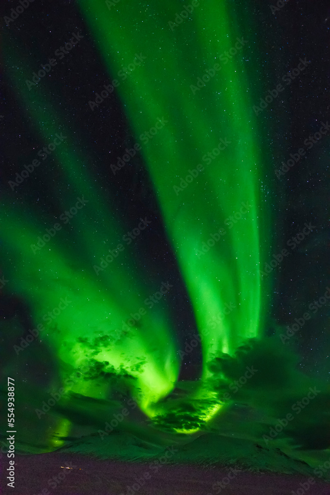 Aurora borealis, bands of bright green light flashing across the night ...