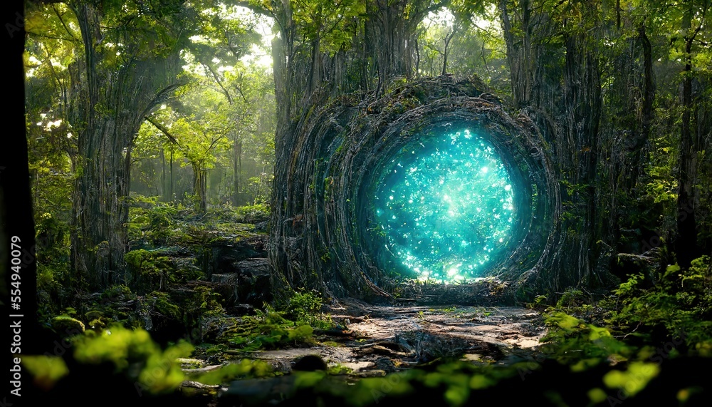 In a dense forest, an archway leads to another dimension. The leaves on ...