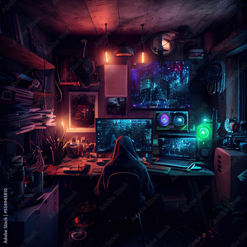 Portrait of a sci-fi cyberpunk hacker. High-tech futuristic man from ...