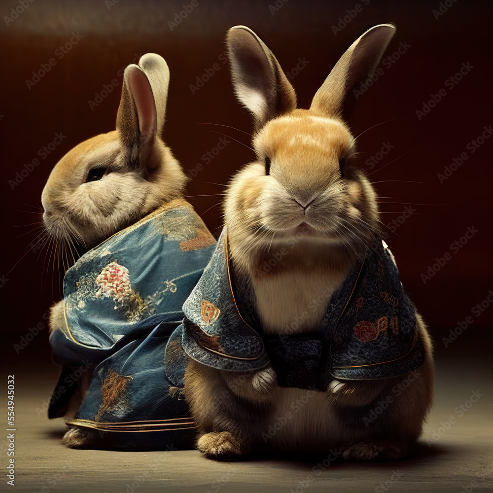 Two rabbits dressed in traditional clothing in front of simple red ...