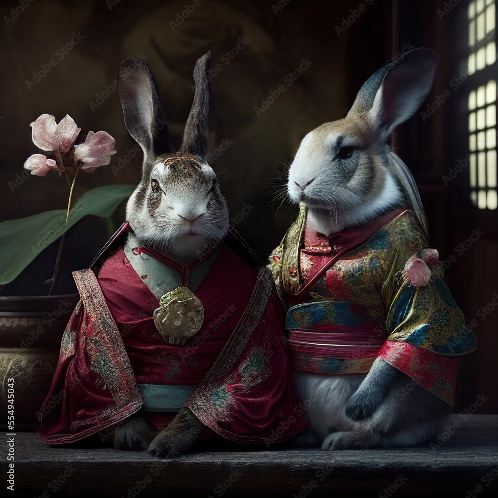 Two rabbits dressed in traditional clothing in front of simple ...