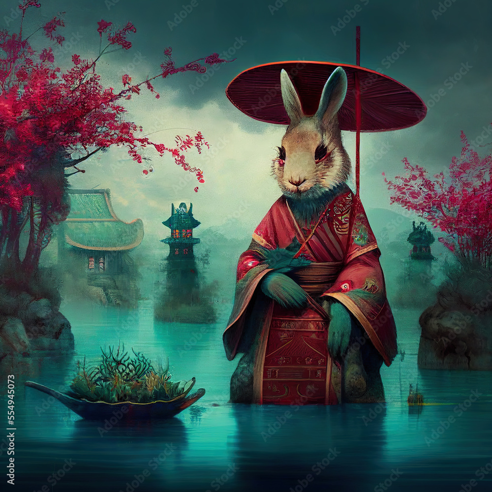 Rabbit dressed in red traditional clothing in front of turquoise water ...