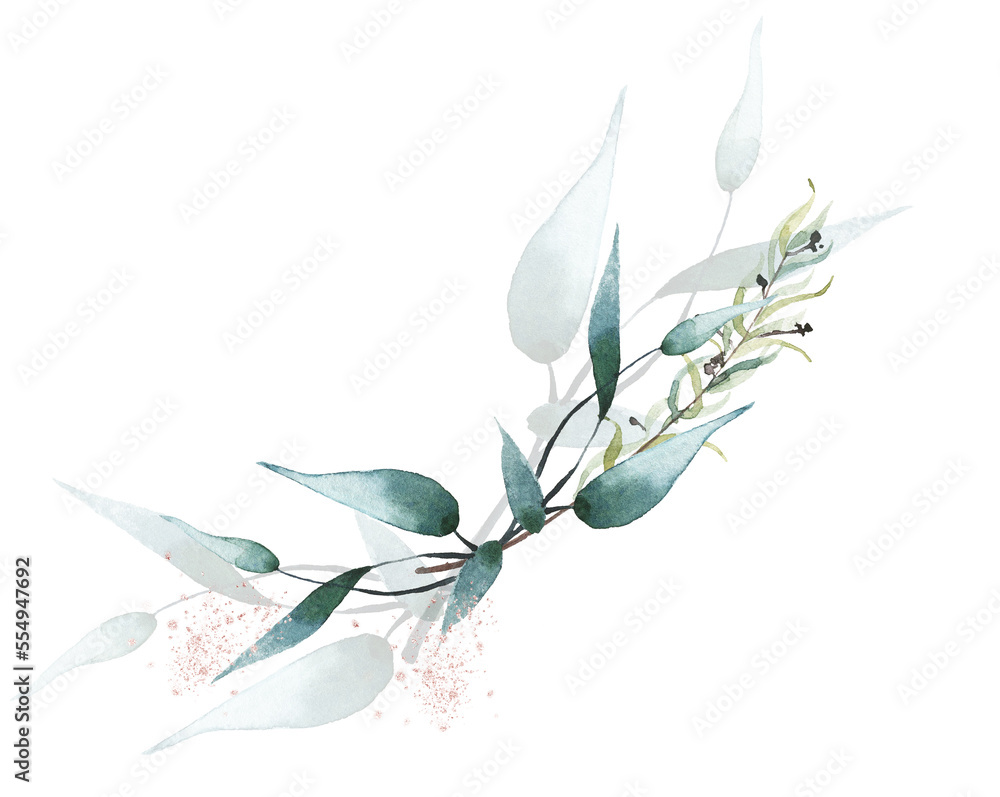 Watercolor painted floral bouquet. Arrangement with branches, leaves ...
