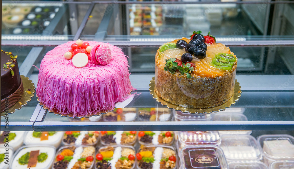 Turkish cakes with fruits in Istiklal pedestrian street in Istanbul ...