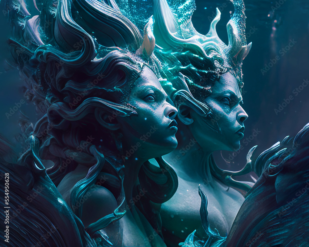 Underwater mermaid heads Stock Illustration | Adobe Stock
