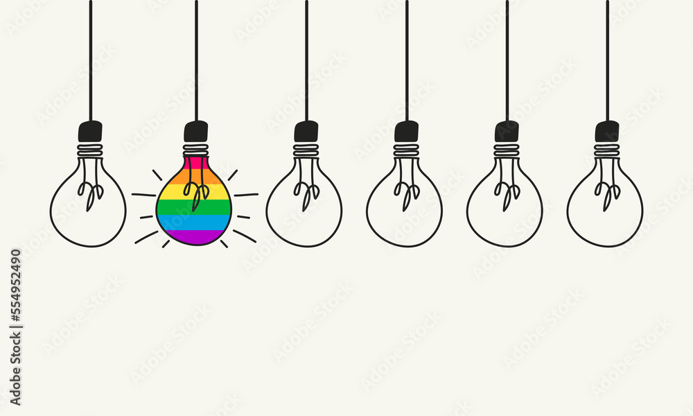 Group of light bulbs, one of them with the pride flag. Equality in ...