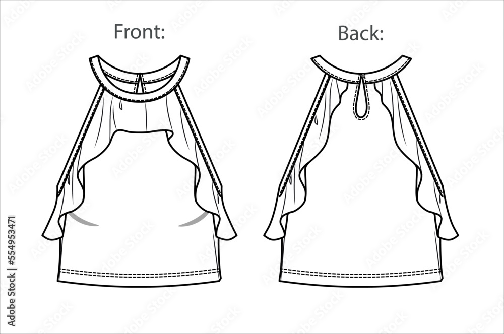 Vector woman halter neck blouse sketch, sleeveless tee fashion CAD ...