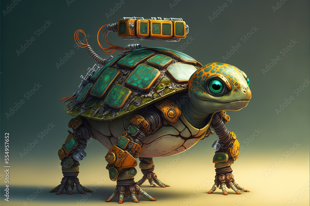 a futuristic cyborg turtle with solar energy on his back, fantasy art ...