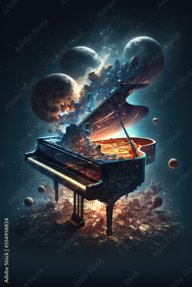 a piano in the universe with a lot of planets in the background, poster ...