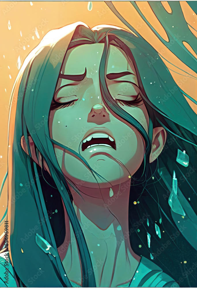 beautiful fantasy anime girl is crying, blue hair, fairytale elf style ...