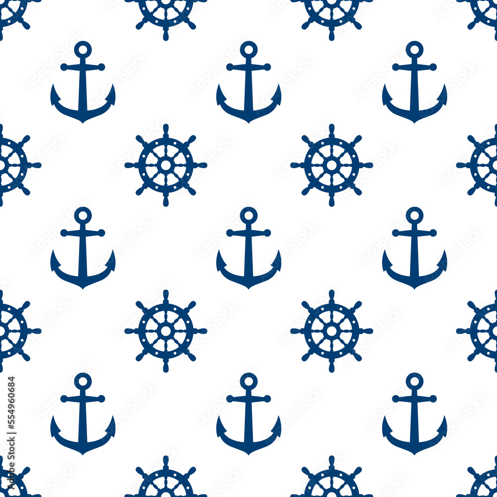Logo náutico. Patrón repetitivo con silueta de ancla y timón de barco ...