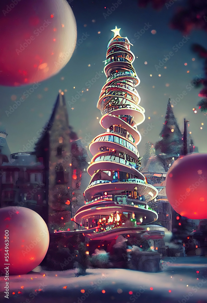Beautiful futuristic Christmas tree, evening winter scene, AI generated ...