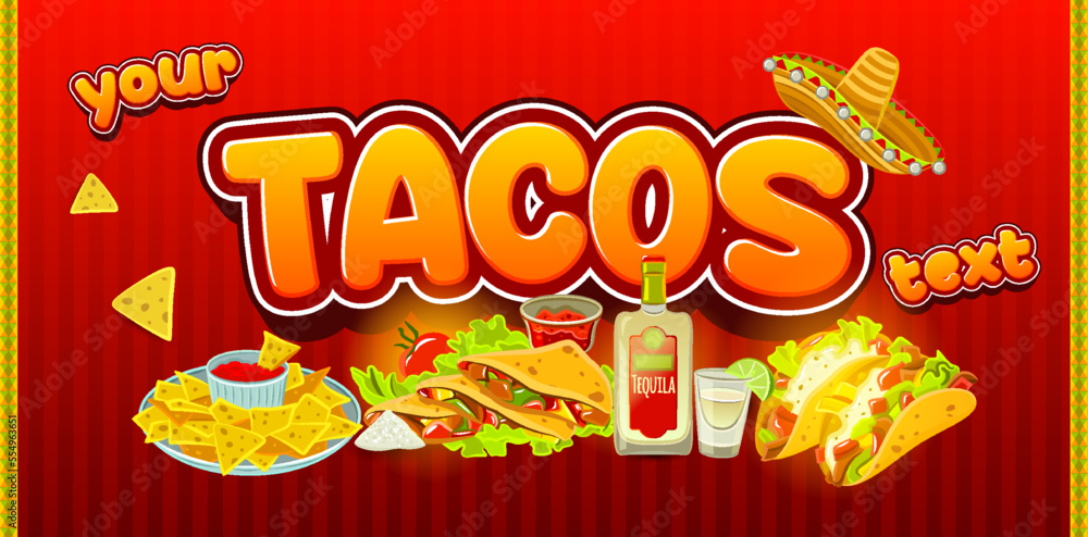 tacos text effect template design with bold font style and cartoon ...