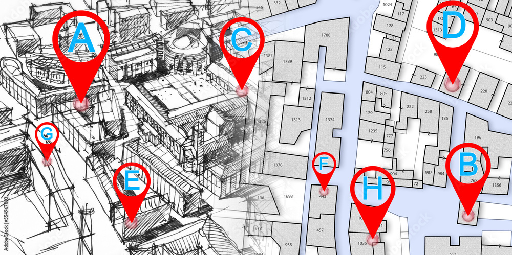 Imaginary city map with buildings and positioning signs - location on ...