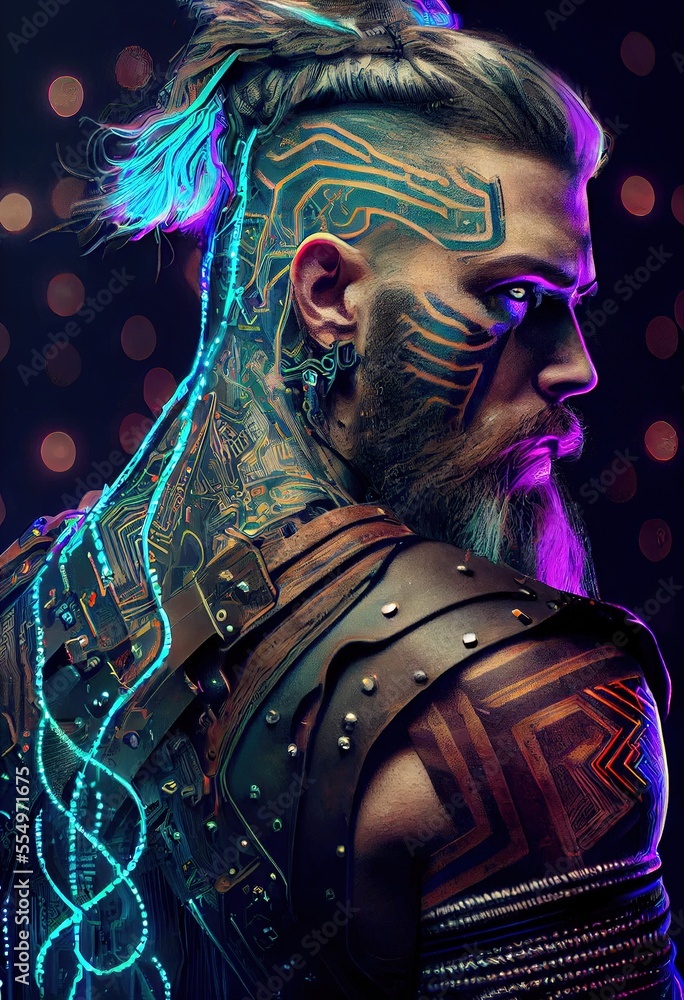 cyberpunk Viking with runes tattoos Stock Illustration | Adobe Stock