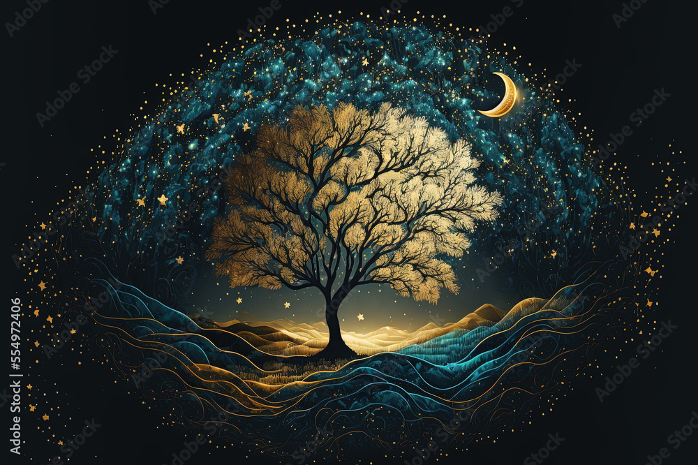 Golden tree with moon illustration on dark background. Mystical forest ...