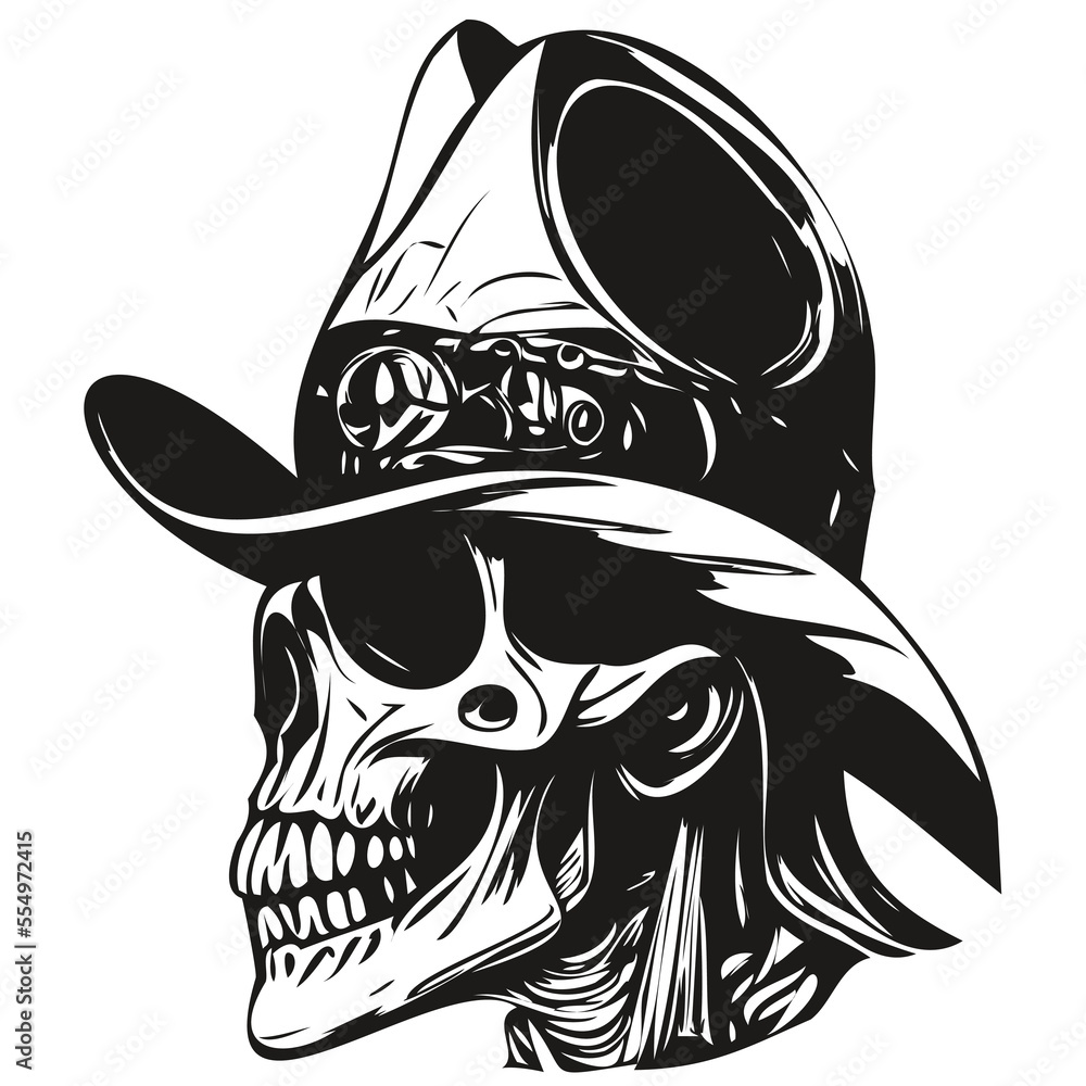 cowboy skulls hand drawing, skeleton skull with cowboy hat black and ...
