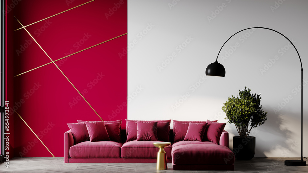 Livingroom in viva magenta 2023 color panton. Blank bright room ...
