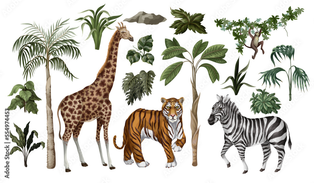 Jungle animals and trees isolated. Vector. Stock Vector | Adobe Stock