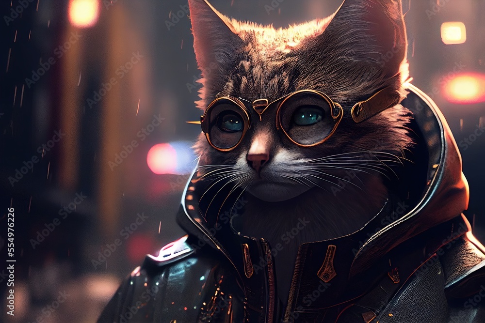 cyberpunk cat at night time in city Stock Illustration | Adobe Stock