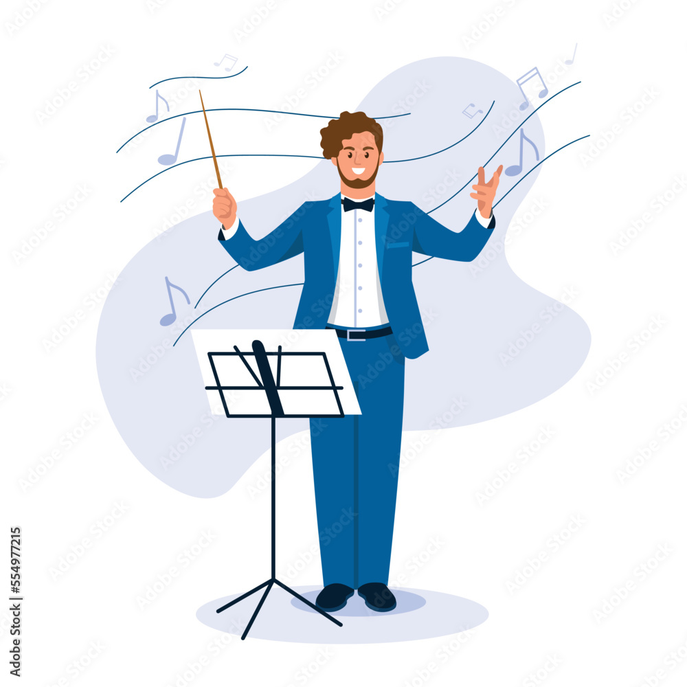 Vector illustration of conductor. Cartoon scene with a boy who sets the ...