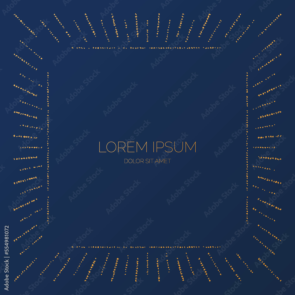 Gold square frame with sunbeams. Golden foil embossed border with ...