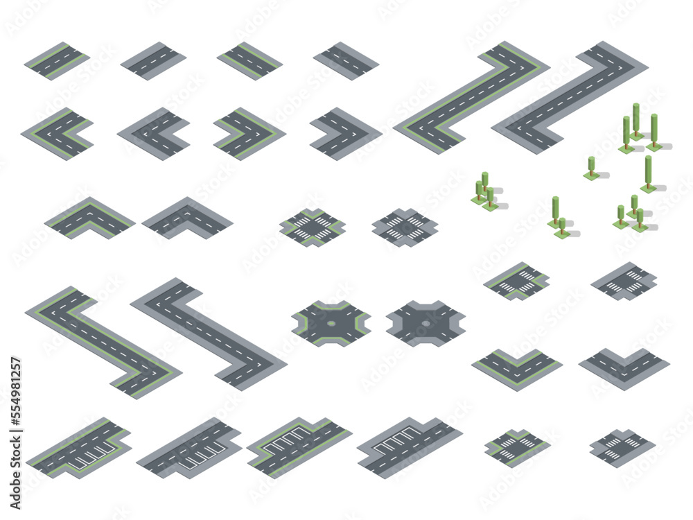 Isometric street or road layout with green nature low poly elements for ... Isometric street or road layout with green nature low poly elements for ...