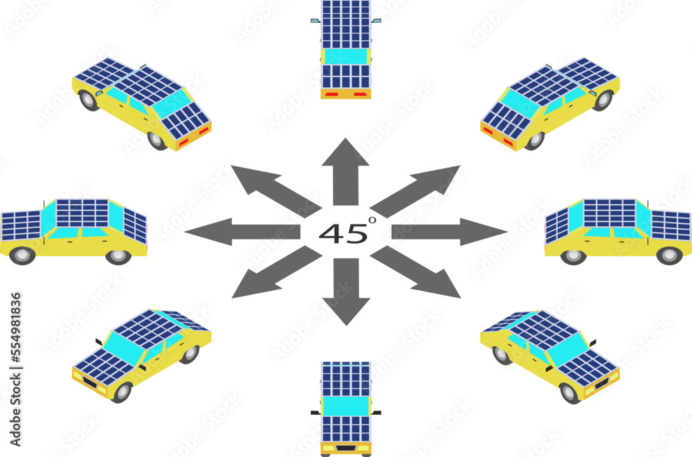Vetor de Rotation of solar car by 45 degrees. Solar powered car in ...
