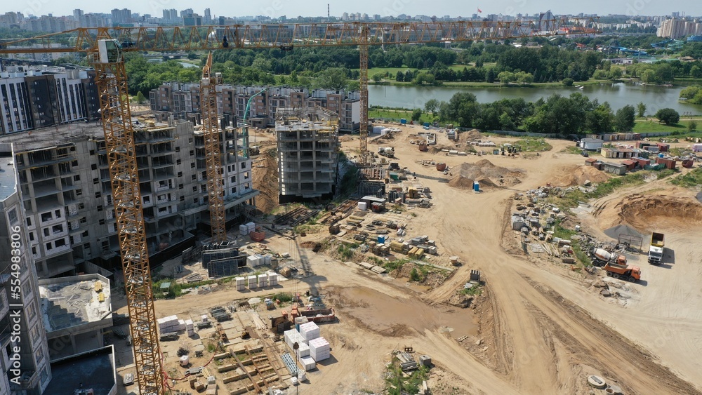 Minsk, Belarus - 01.08.2022: Panoramic view of a huge construction site ...