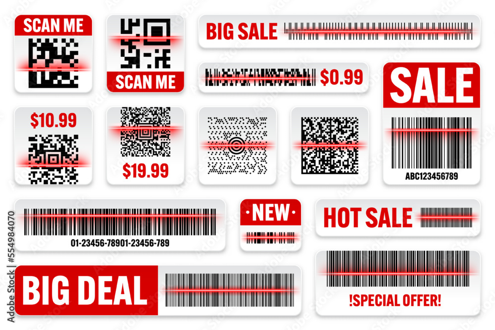 Product barcodes and QR codes with red scanning line. Sale stickers ...