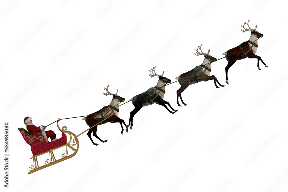 Santa Claus in a sleigh pulled by reindeer flying up to deliver ...