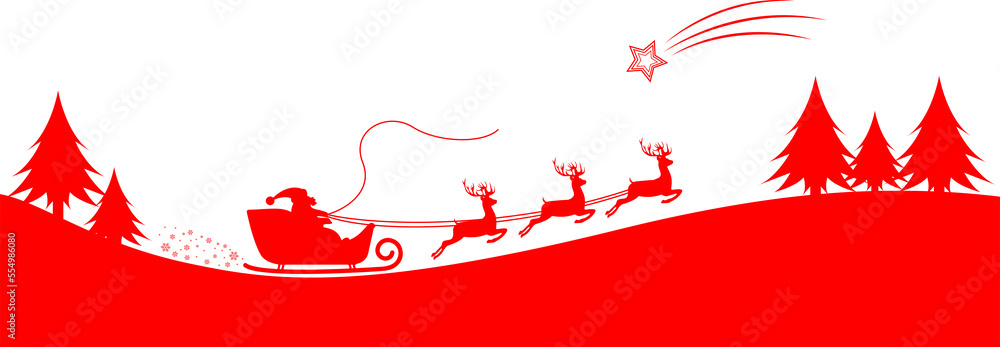 Christmas red background with santa and reindeer, illustration on ...