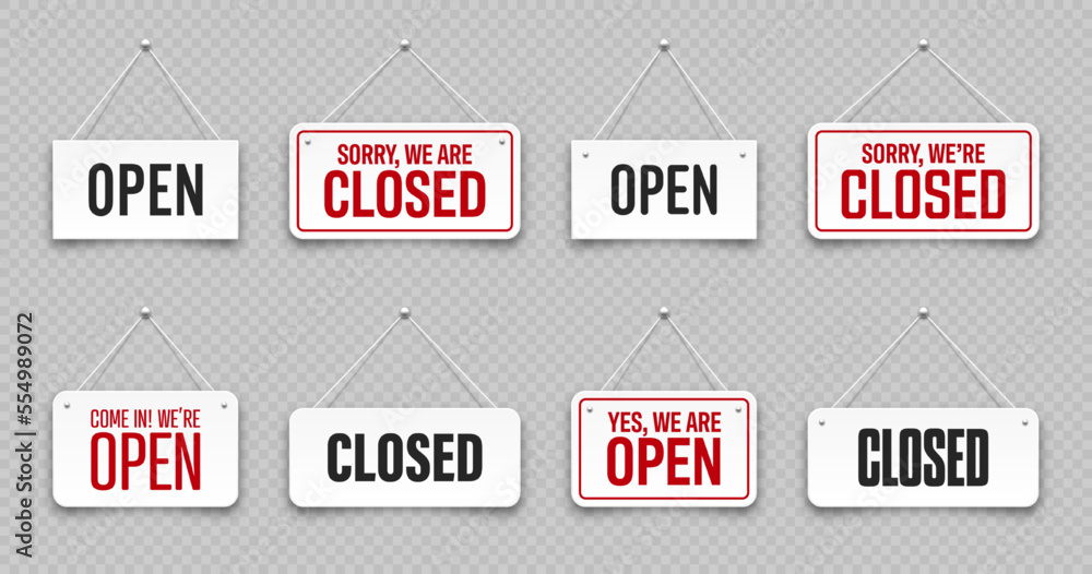 Realistic open or closed hanging signboards. Vintage door sign for cafe ...