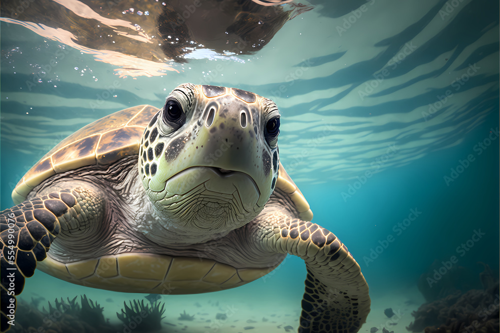 green happy smiling sea turtle swimming underwater, Portrait ...