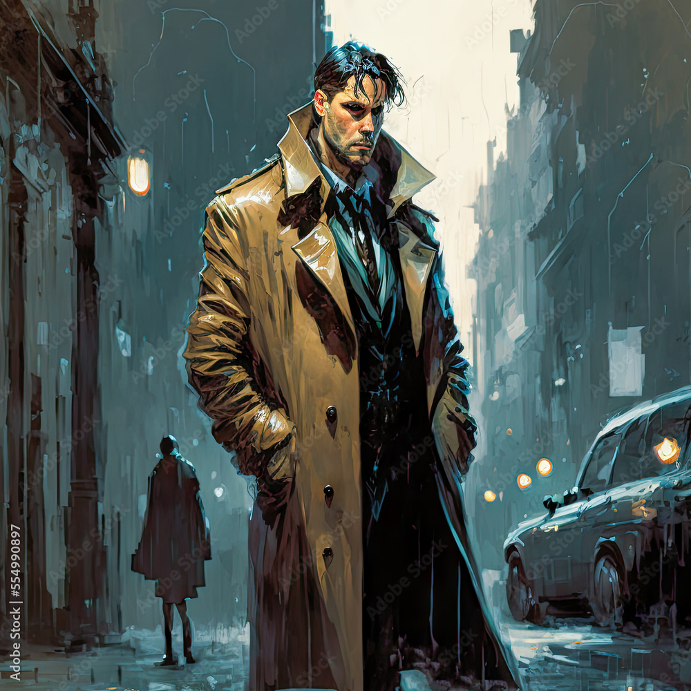 Handsome man wearing suit, tie and trench coat walking city streets at ...