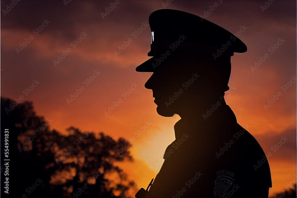 Silhouette of police or military officer against backdrop of sunset ...