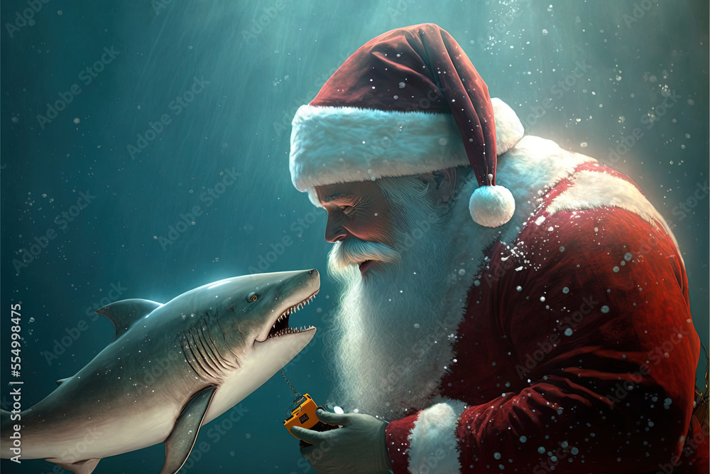 Santa Claus with a shark, Christmas generative ai art illustration ...