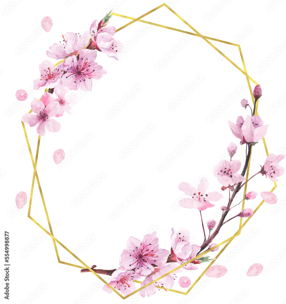 Watercolor Cherry Blossom Gold Frame PNG, Spring Wedding Invitation ...